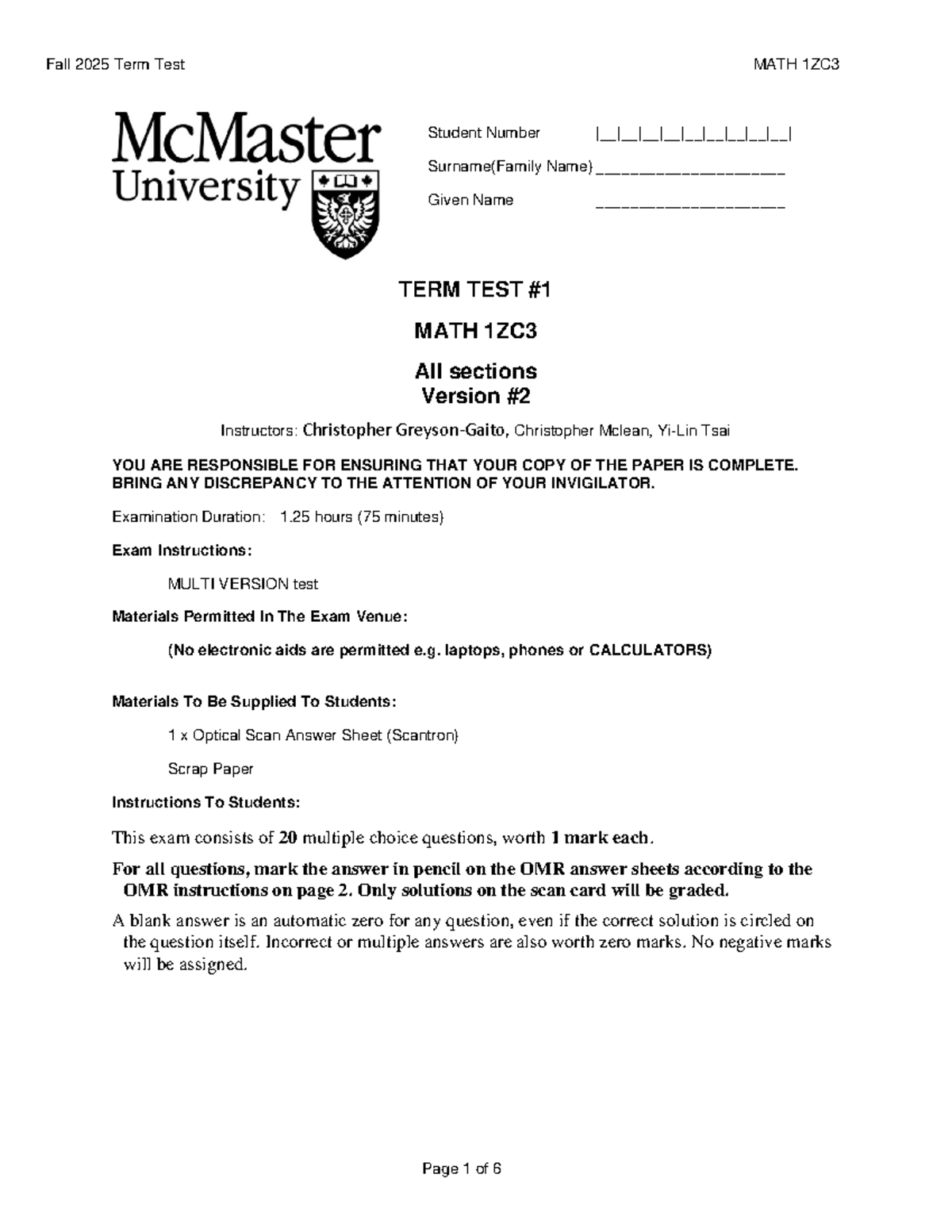 Fall 2025 Term Test Answer Key for MATH 1ZC3 - Version 2 - Studocu