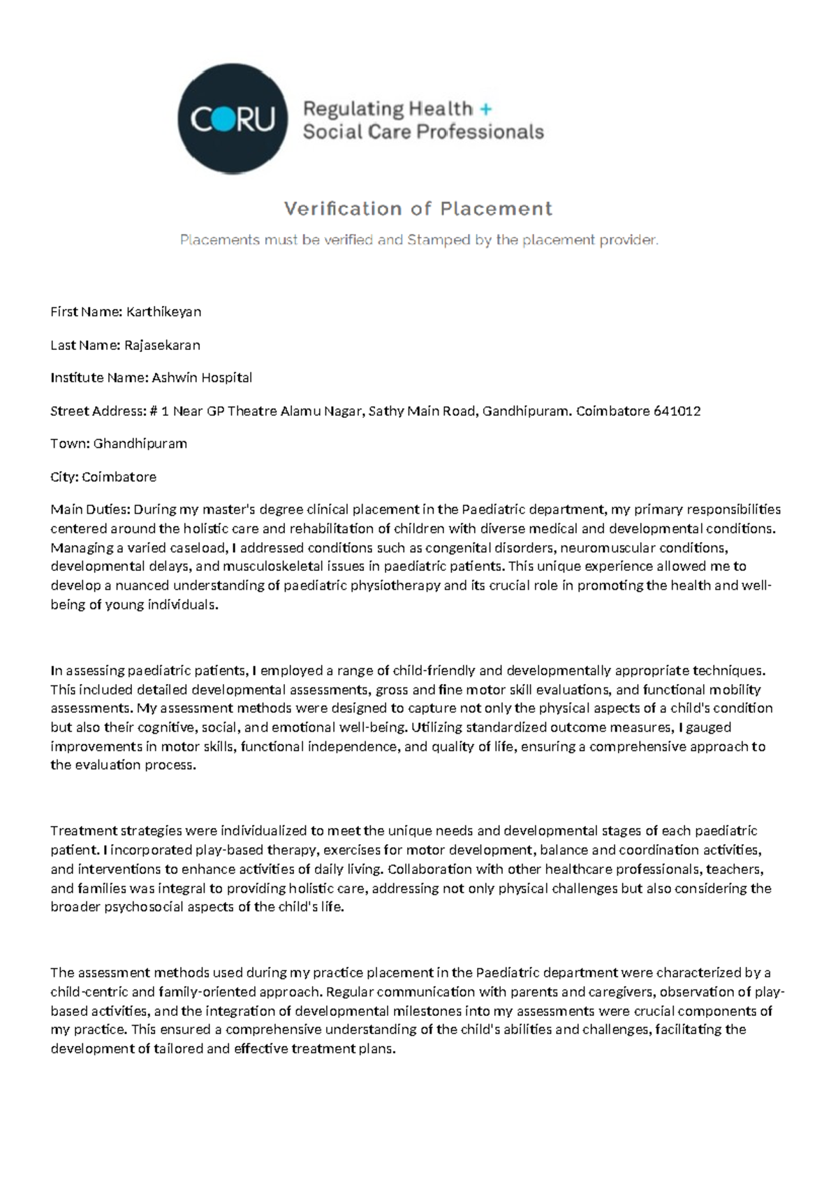 CORU Plac. Verif. Form 4: Paediatric Physiotherapy Placement Summary ...