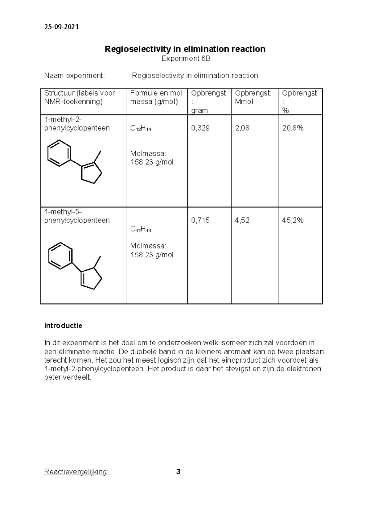 Experiment 6B: Regioselectivity in Elimination Reaction Analysis ...