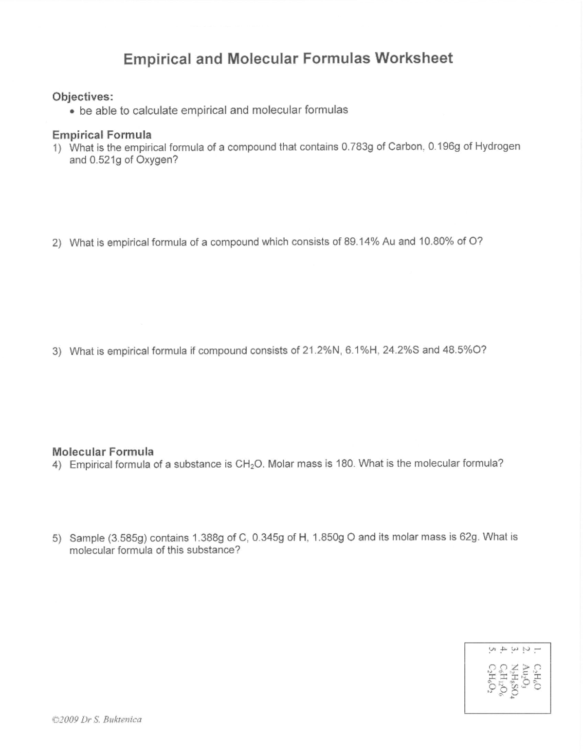Empirical and Molecular Formulas Worksheet (W-2) - Studocu
