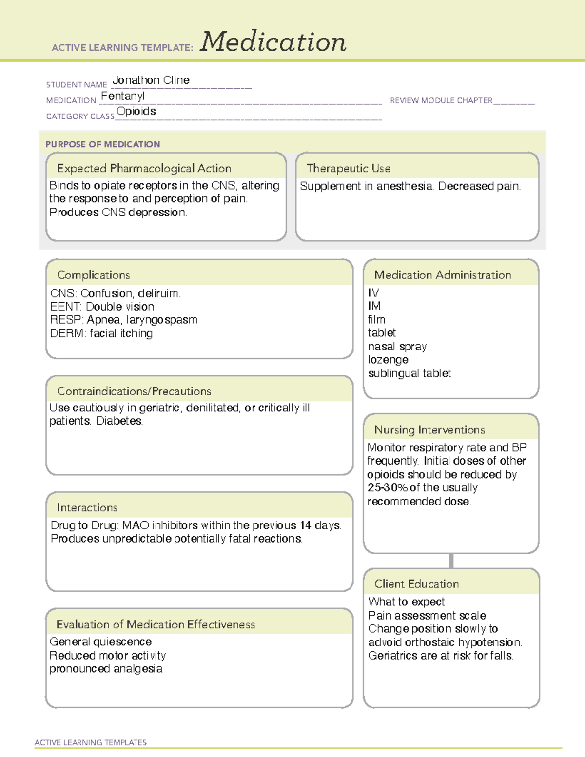 Fentanyl (ATI) - Active Learning Medication Template - Studocu