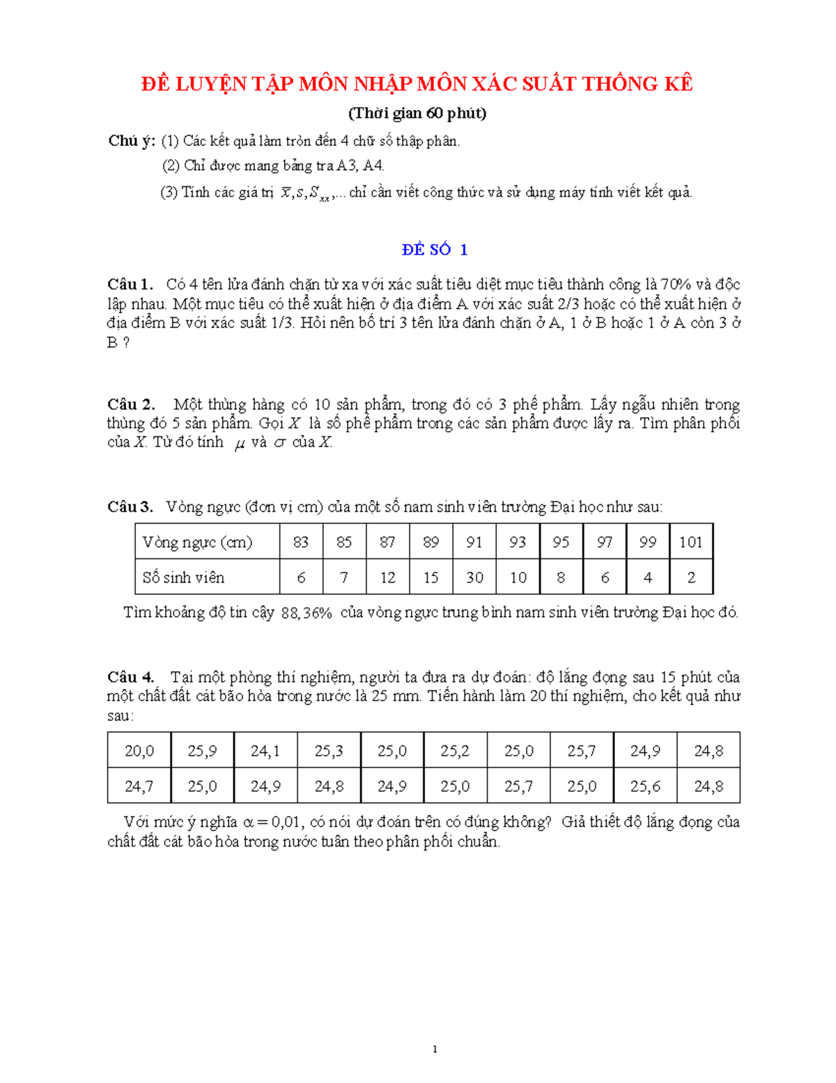 2223. Nhap mon Xac suat thong ke De tu luyen tap gui SV - ĐỀ LUYỆN TẬP MÔN NHẬP MÔN XÁC SUẤT ...