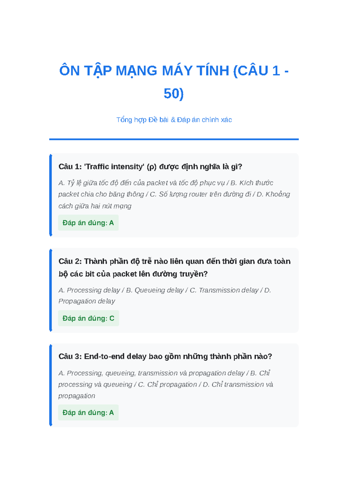 ÔN TẬP MẠNG MÁY TÍNH (CÂU 1-50) - Trắc Nghiệm MMT GKI - Studocu