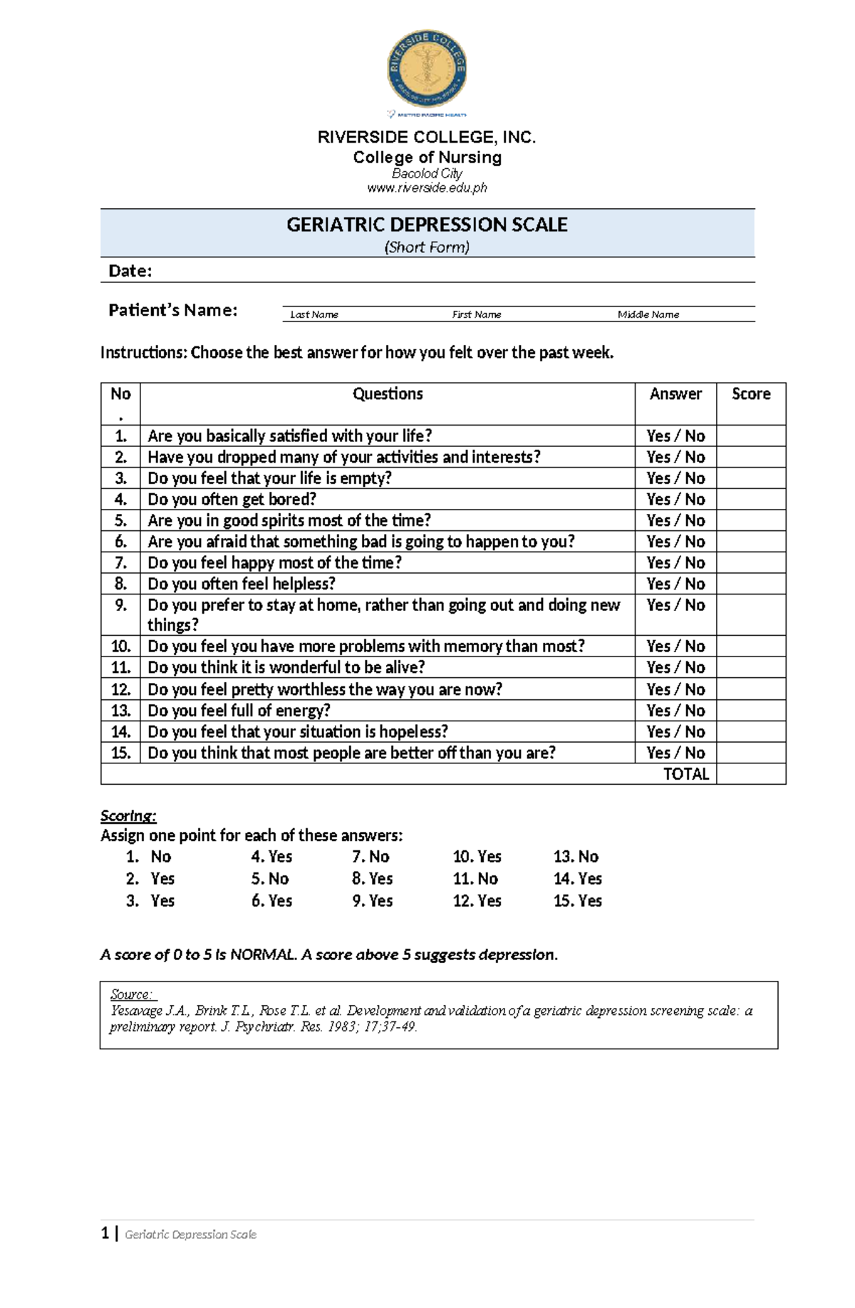 COP-Geriatric Depression Scale (Short Form) 2026 - Studocu
