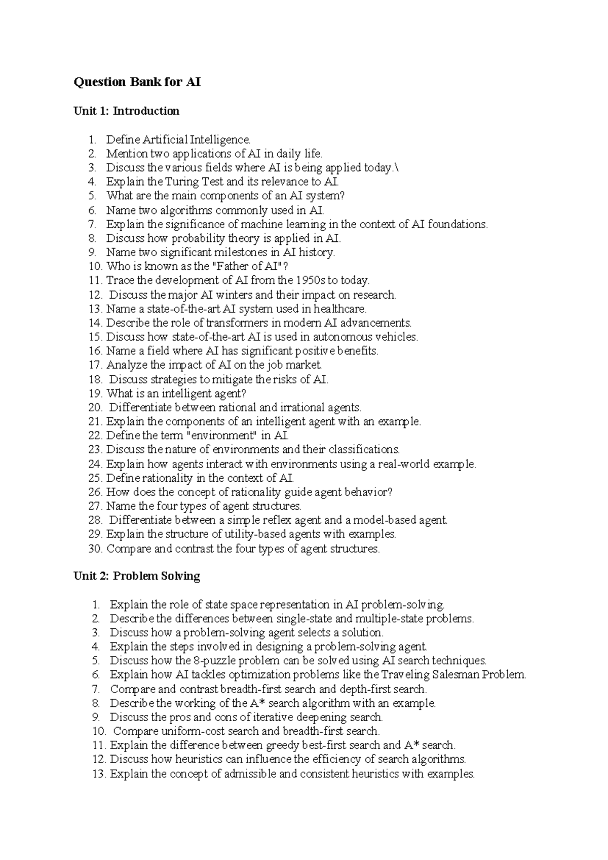 Question Bank for AI (CS101): Comprehensive Study Notes - Studocu