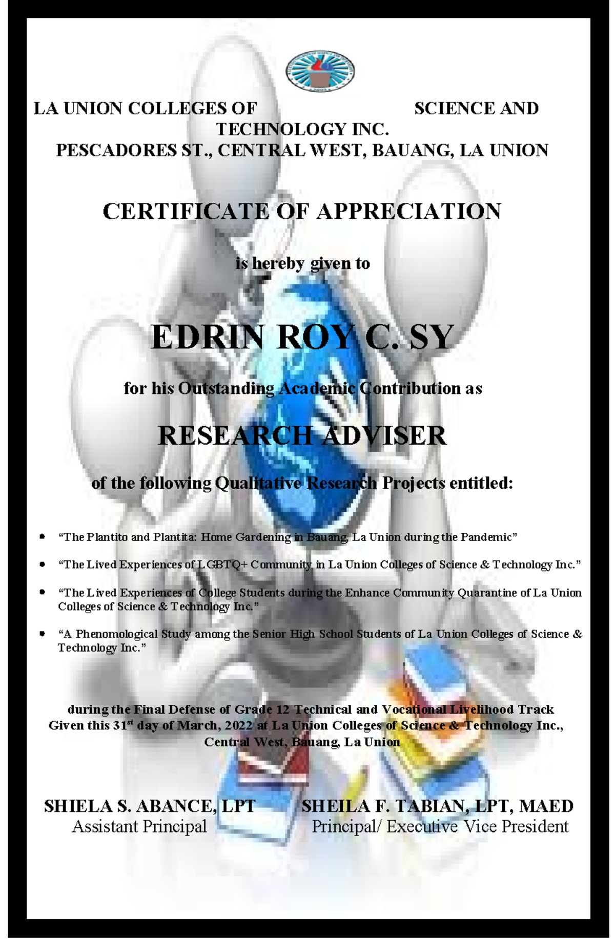 CERTIFICATE OF APPRECIATION for RESEARCH ADVISER - TVL - Studocu