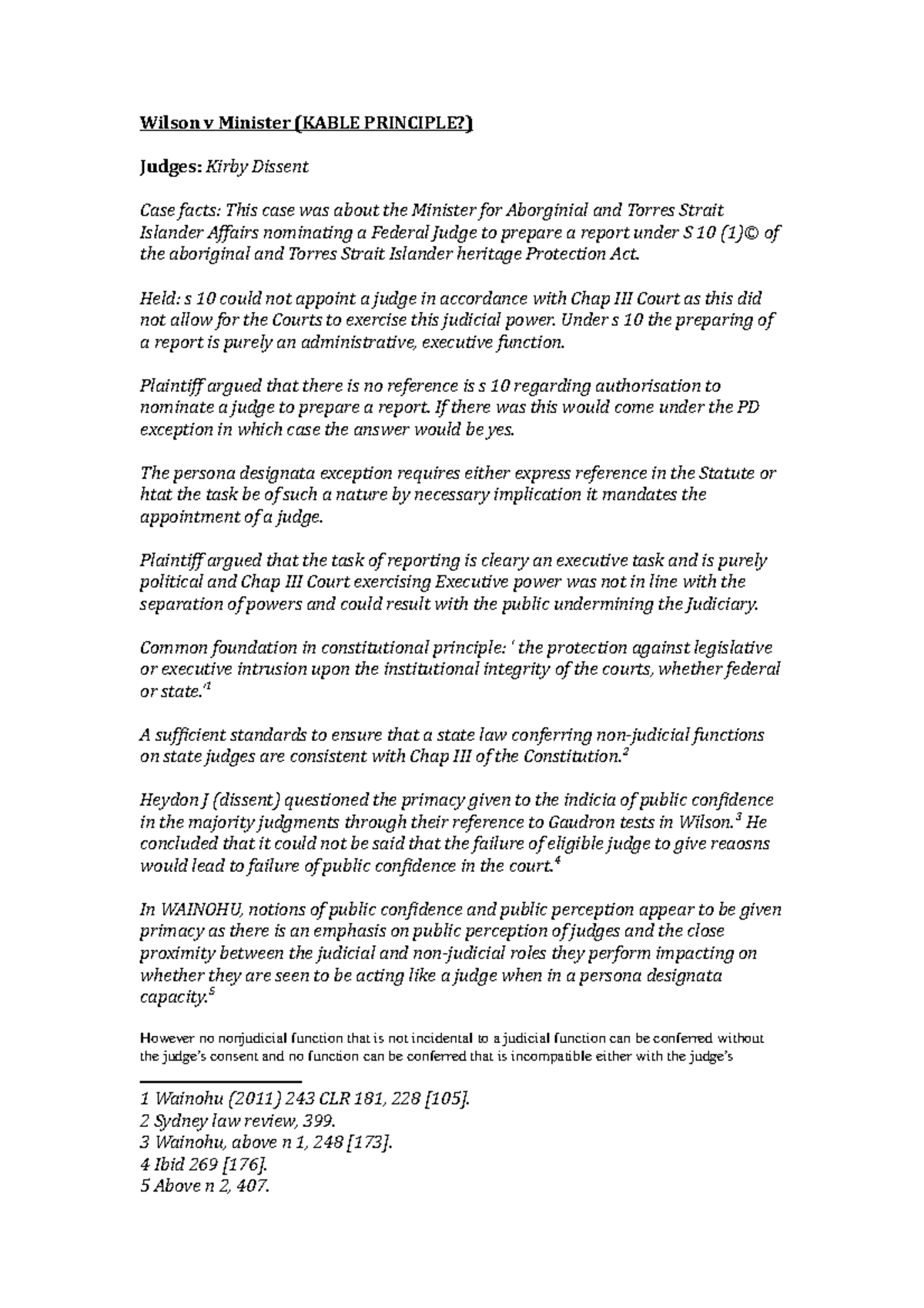 Wilson v Minister - Case Summaries on Kable Principle and Separation of ...