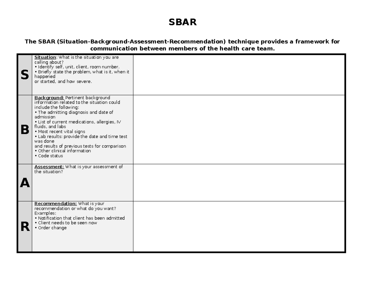 ASU-SBARasdasdasdas - SBAR The SBAR (Situation-Background-Assessment ...