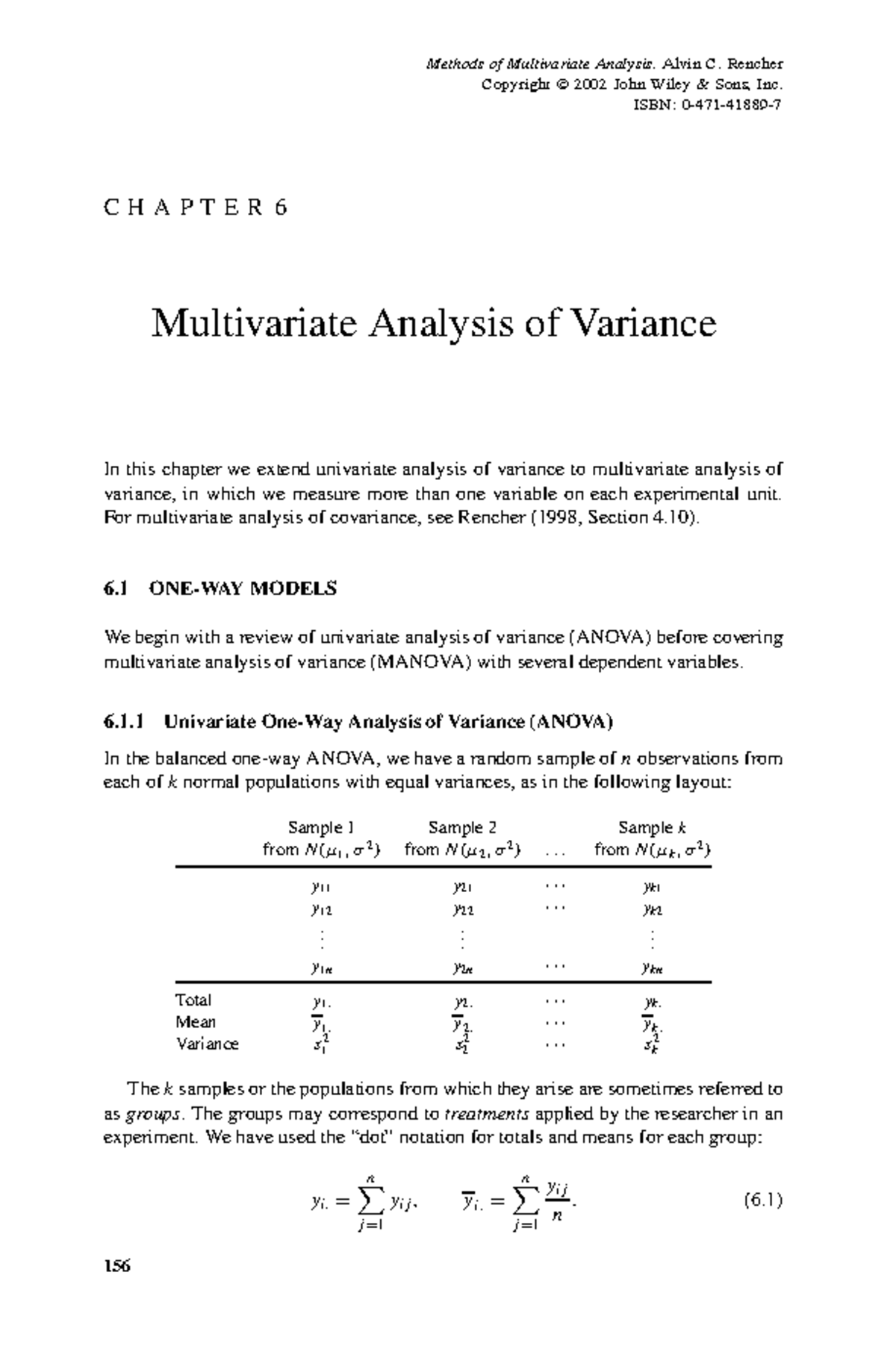 Topic 5 - Multivariate Analysis of Variance - C H A P T E R 6 ...