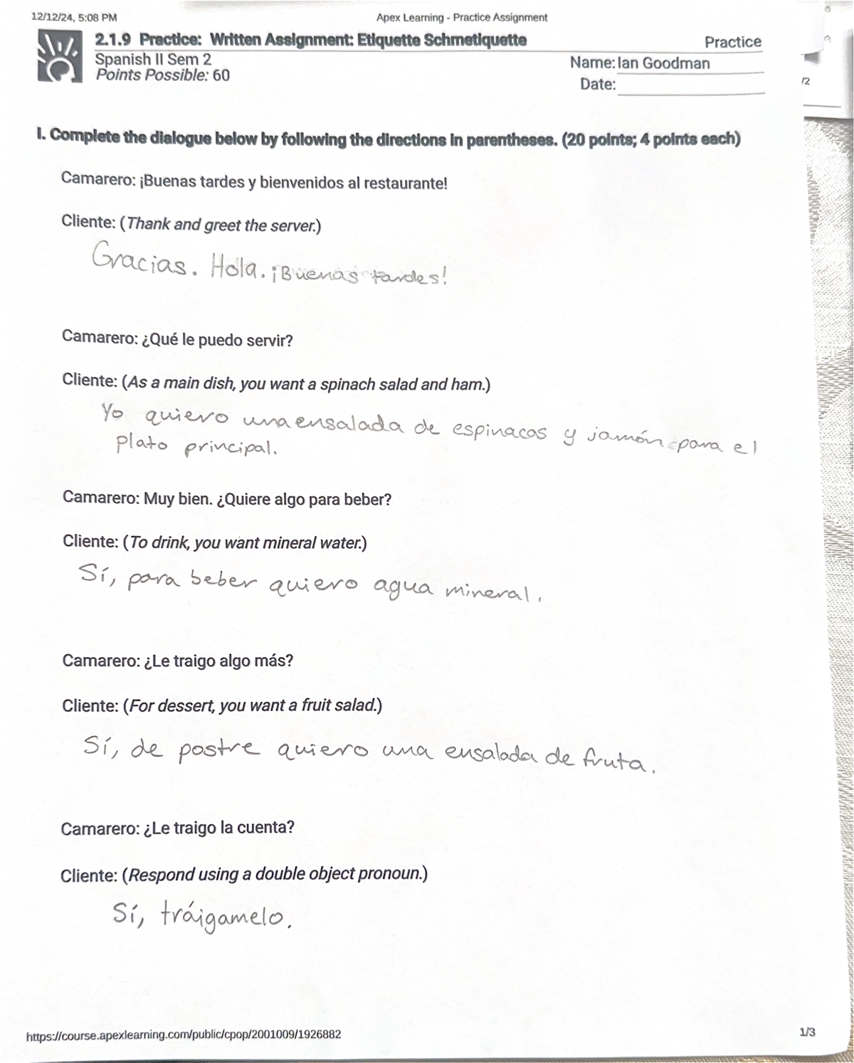 Apex Learning - Spanish II Practice Assignment & Dialogue Completion ...