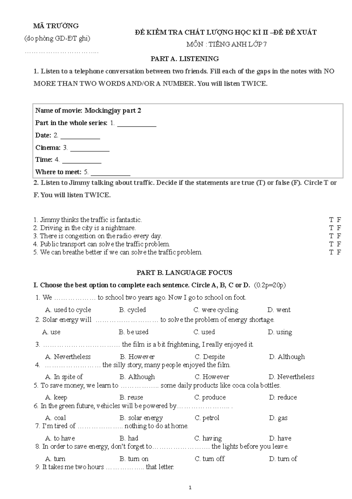 Final Exam English Grade 7 - Kỳ II Test Questions and Answers - Studocu