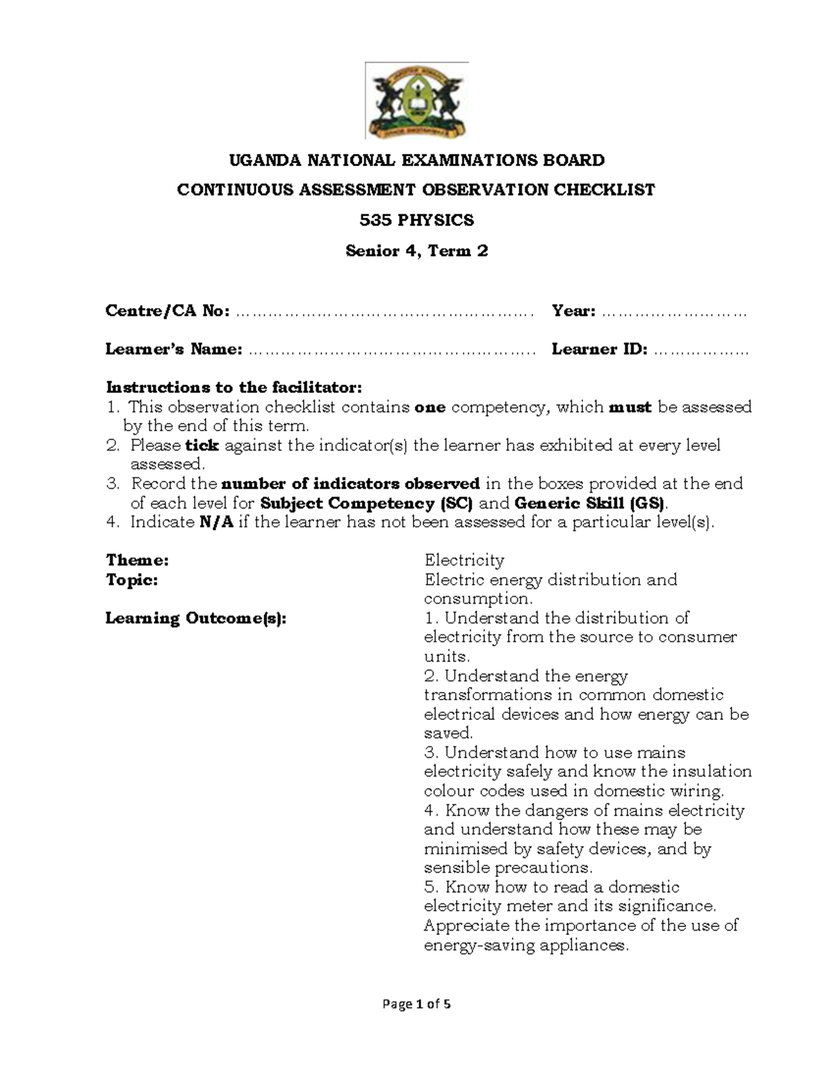 535 Physics Observation Checklist: Electricity Term 2 Assessment - Studocu