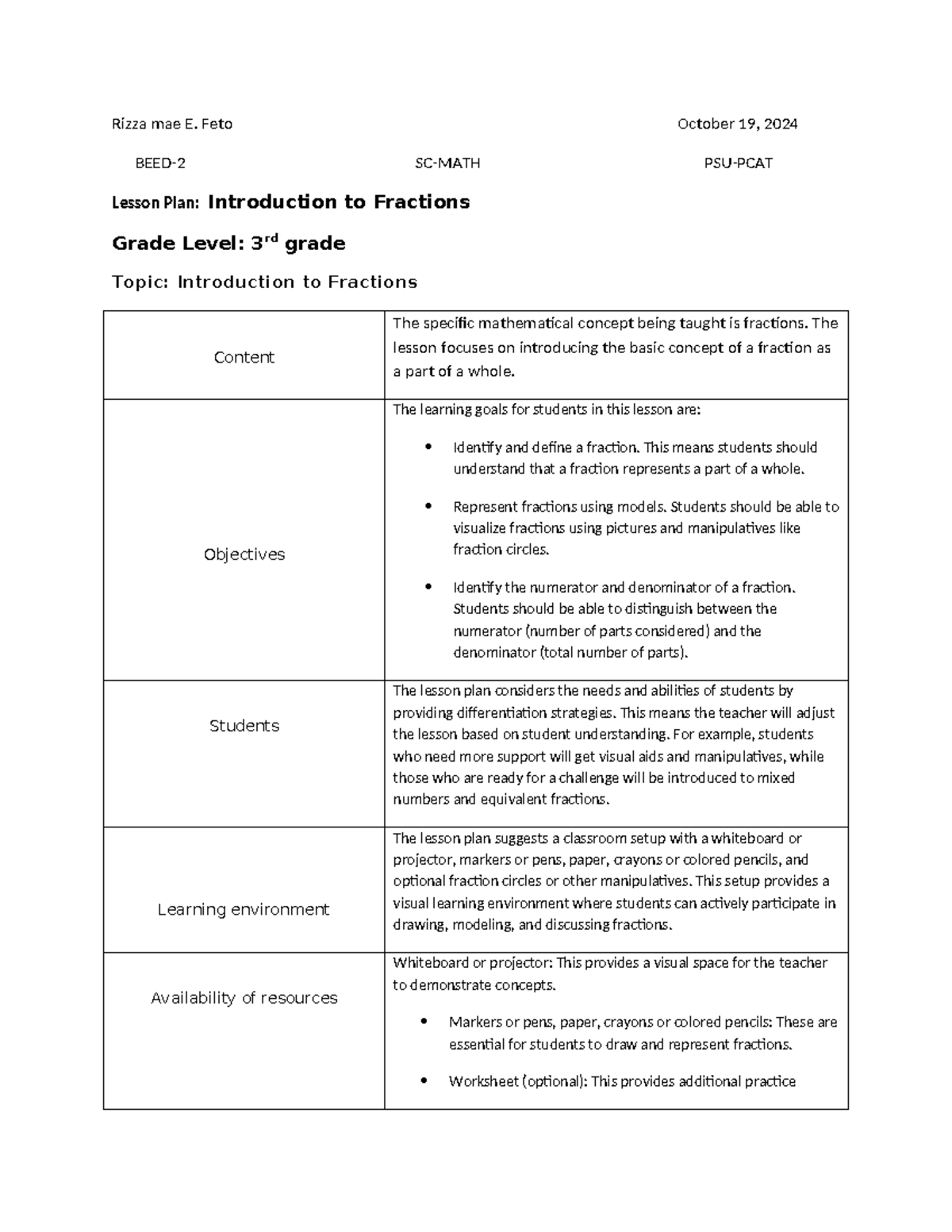 Math amskz - Lesson Plan: Intro to Fractions for 3rd Grade - Studocu
