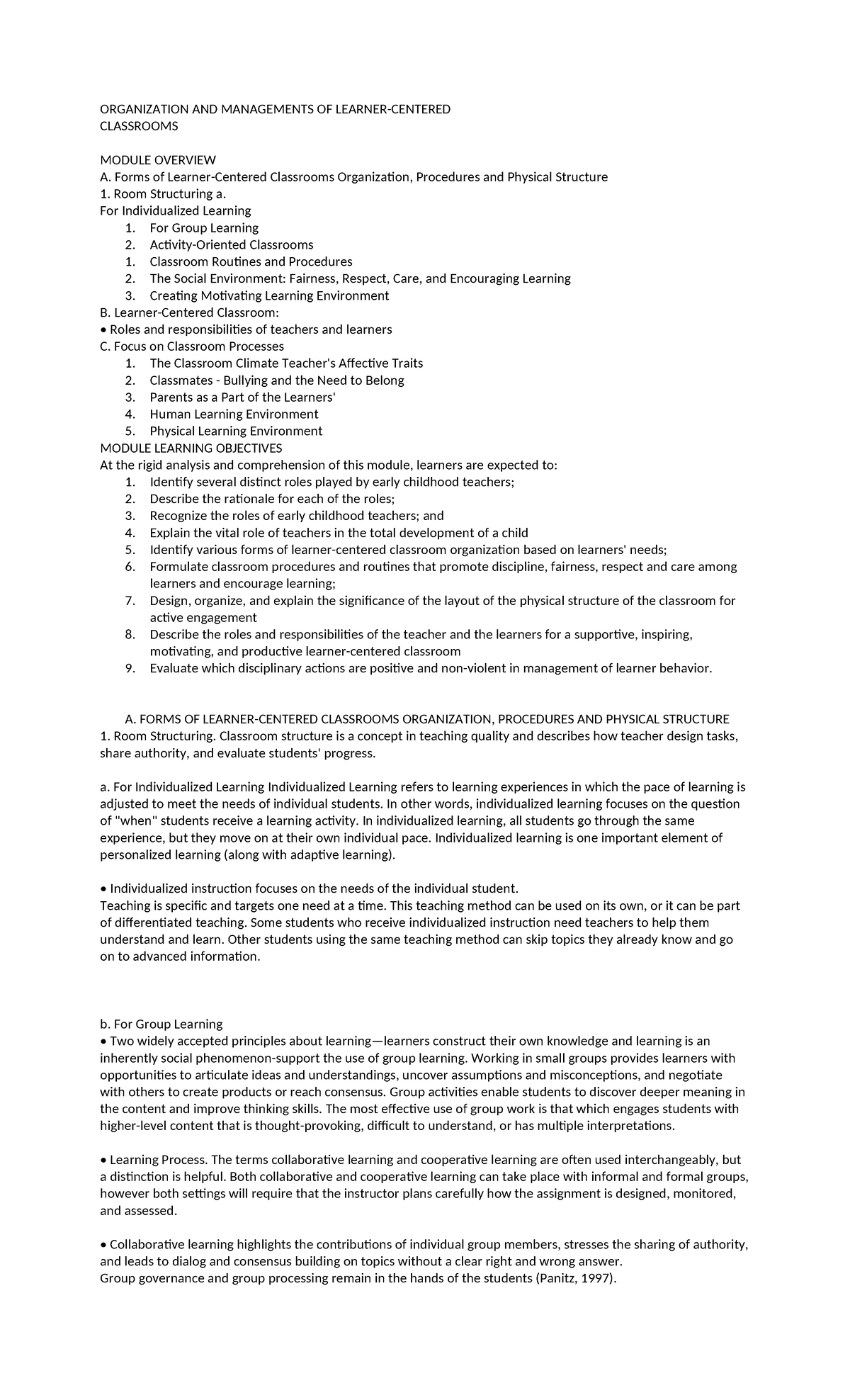 Assignment 3 - ORGANIZATION AND MANAGEMENTS OF LEARNER-CENTERED CLASSROOMS MODULE OVERVIEW A ...