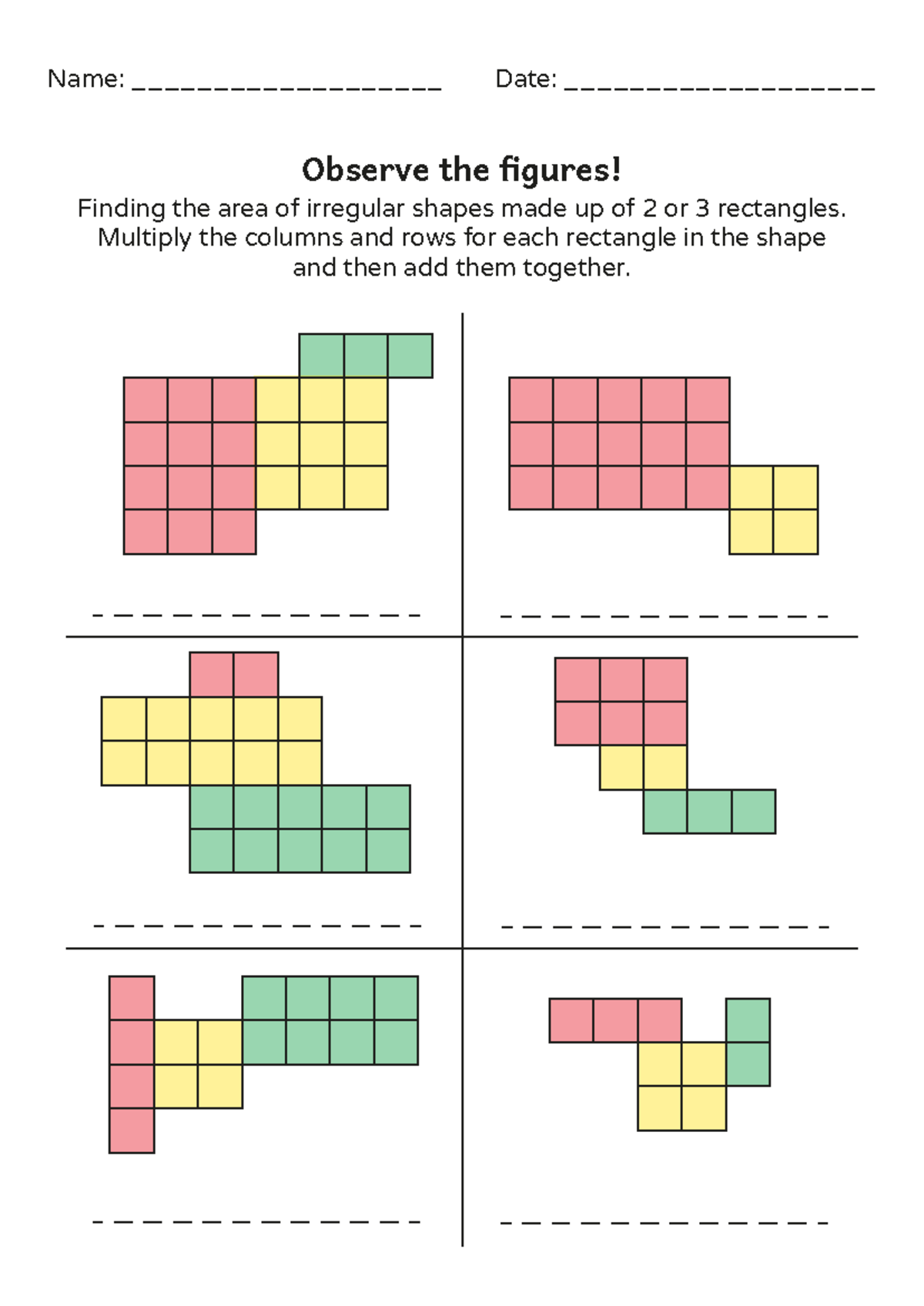 Finding the Area of Irregular Shapes - 3rd Grade Worksheet - Name: ___________________ Date ...