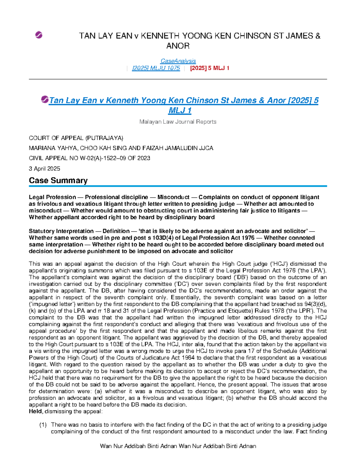 Case Analysis: Tan Lay Ean v Kenneth Yoong Ken Chinson St James & Anor ...