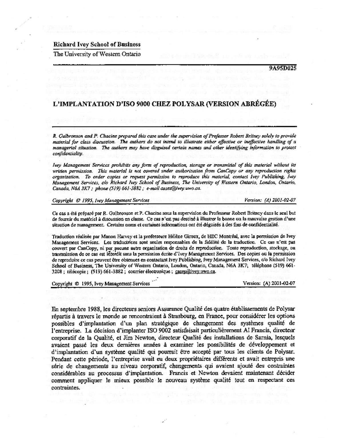 Étude de Cas 9A95D025 : Stratégies de Qualité chez Polysar - Studocu