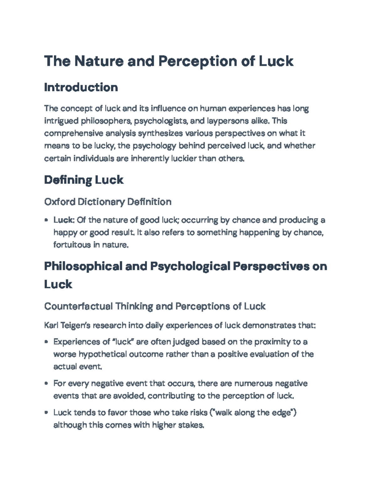 The Nature and Perception of Luck: A Psychological Analysis - Studocu