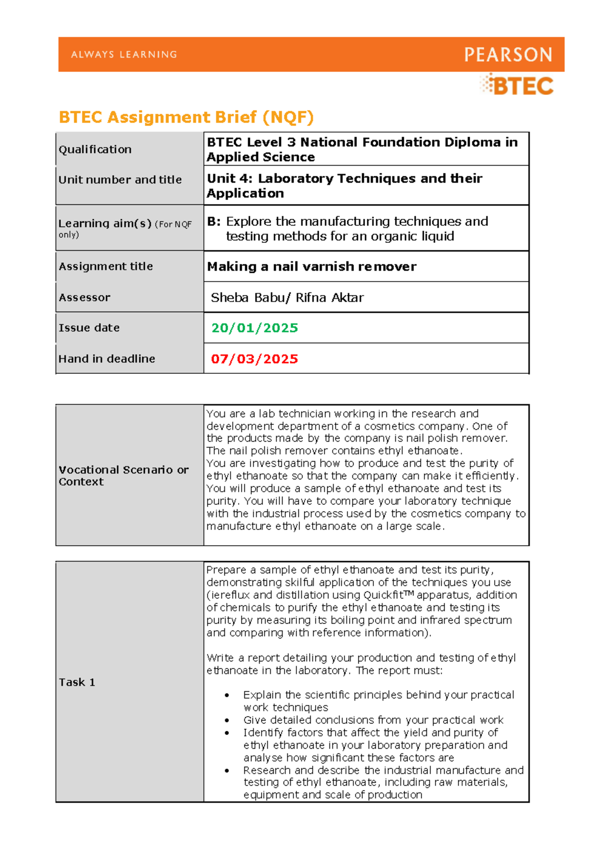 BTEC Level 3 Applied Science Unit 4: Assignment 4B on Ethyl Ethanoate - Studocu