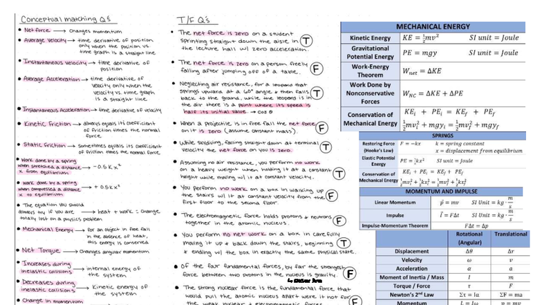 Mechanical Energy and Momentum Concepts - Note Sheet for PHYS 101 - Studocu