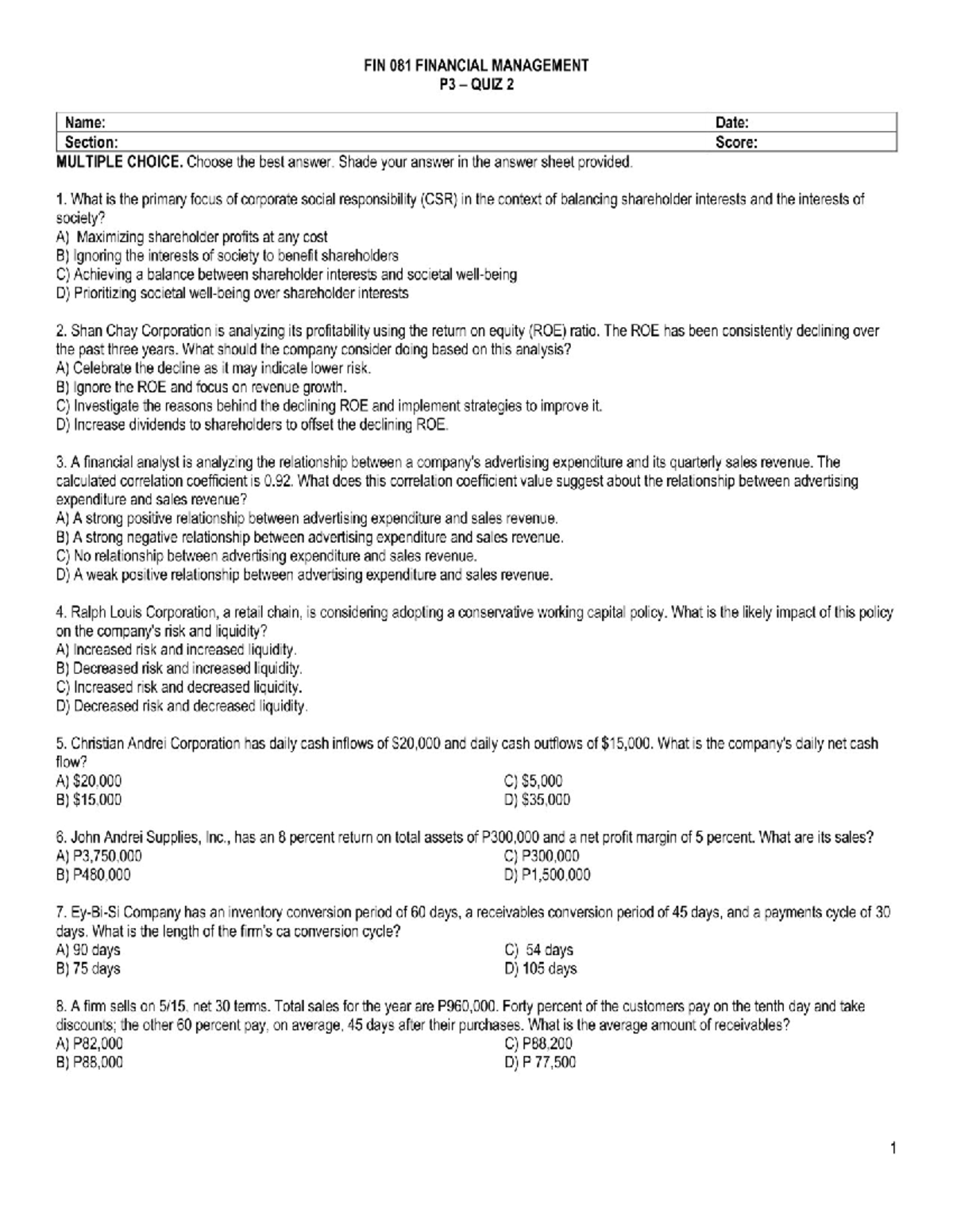 FIN 081 FINANCIAL MANAGEMENT 2 Quiz 2 Questionnaire - Studocu