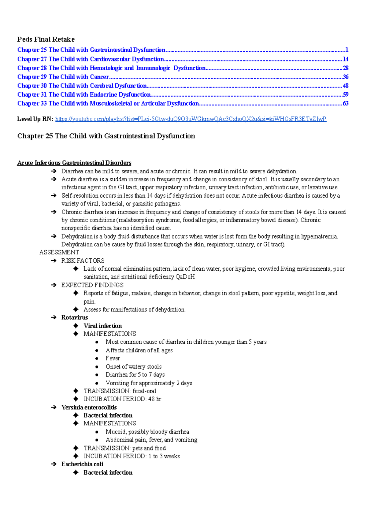 PEDS 101 Final Exam Retake Notes: Child Health Disorders Overview - Studocu