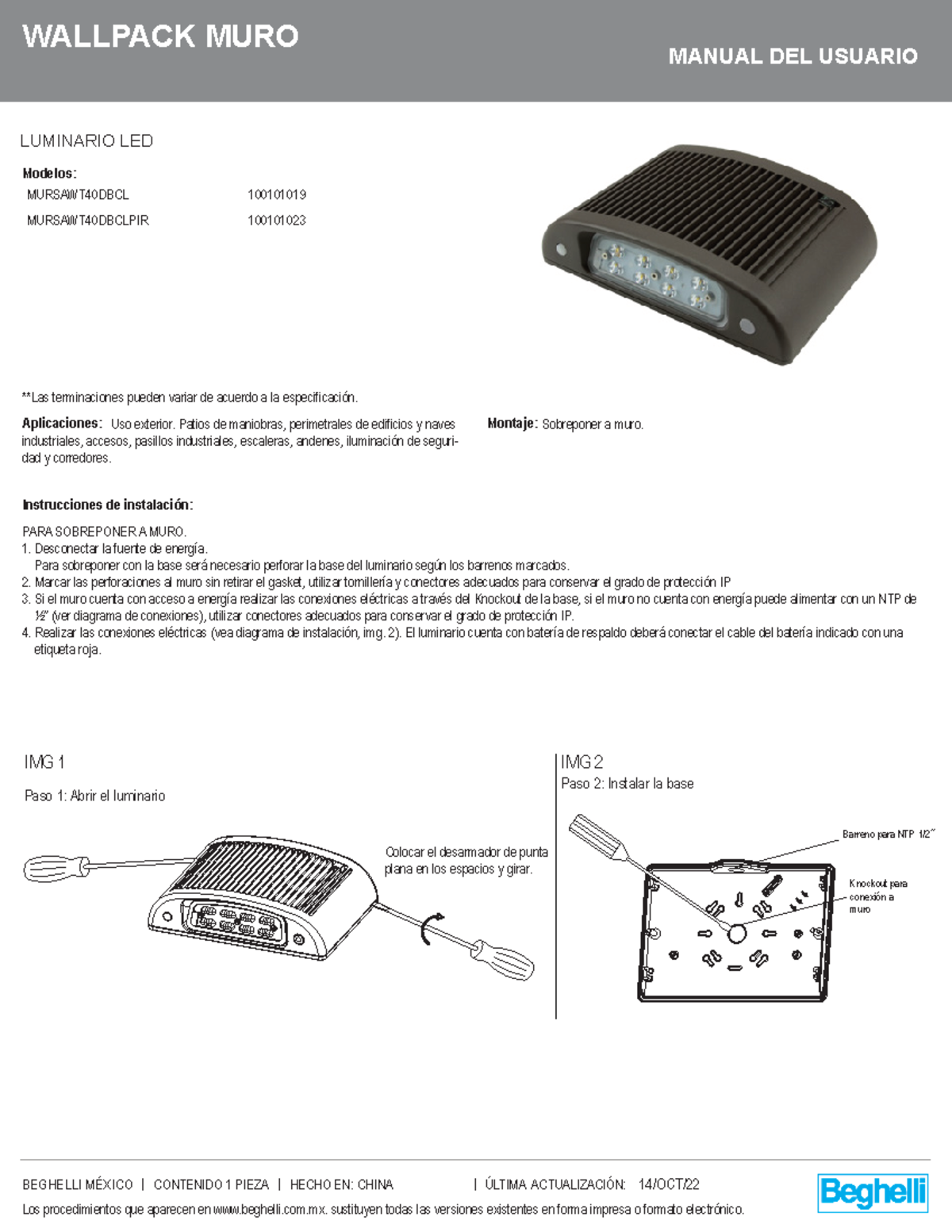 Manual de Usuario del Luminario LED Wallpack Muro - BEGHELLI - Studocu
