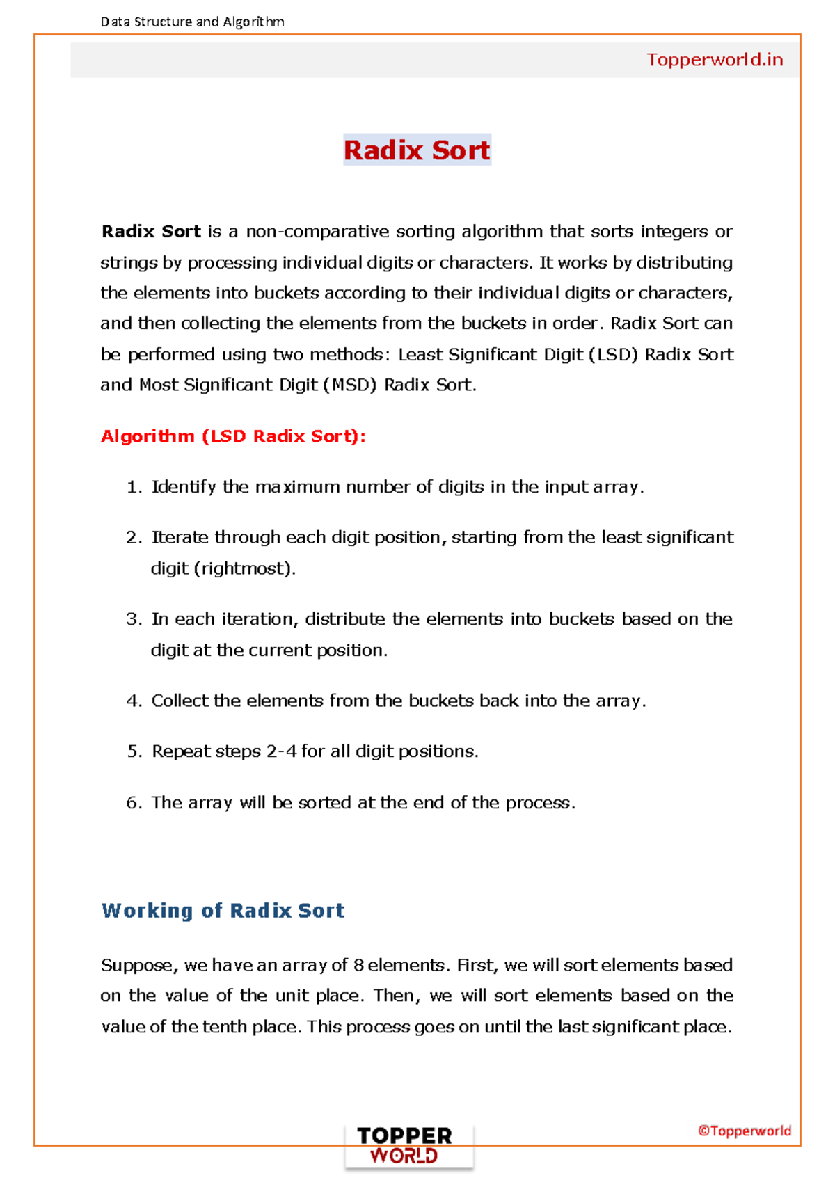 DSA Tutorial-9: Understanding Radix Sort Algorithm - Studocu