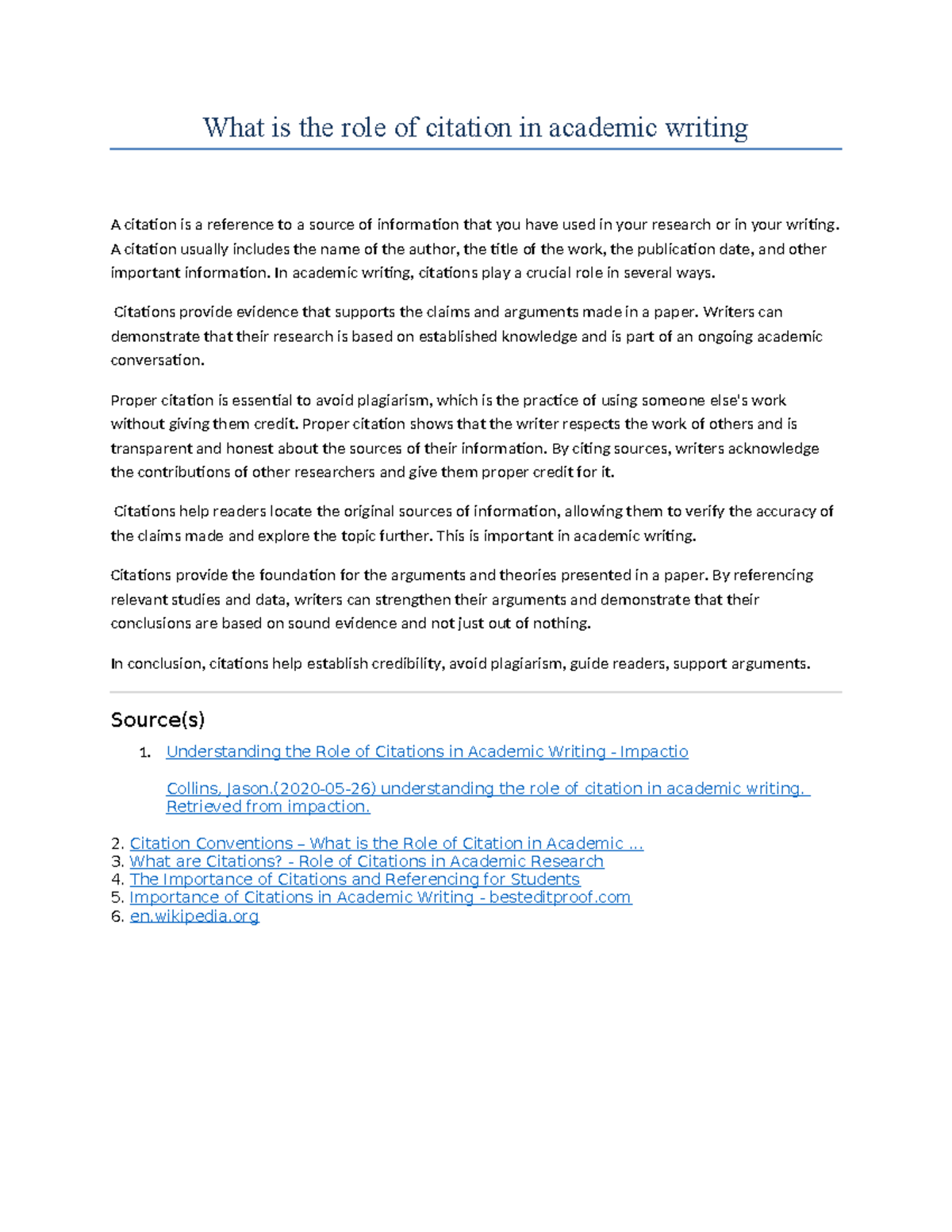 What is the role of citation in academic writing - A citation usually ...