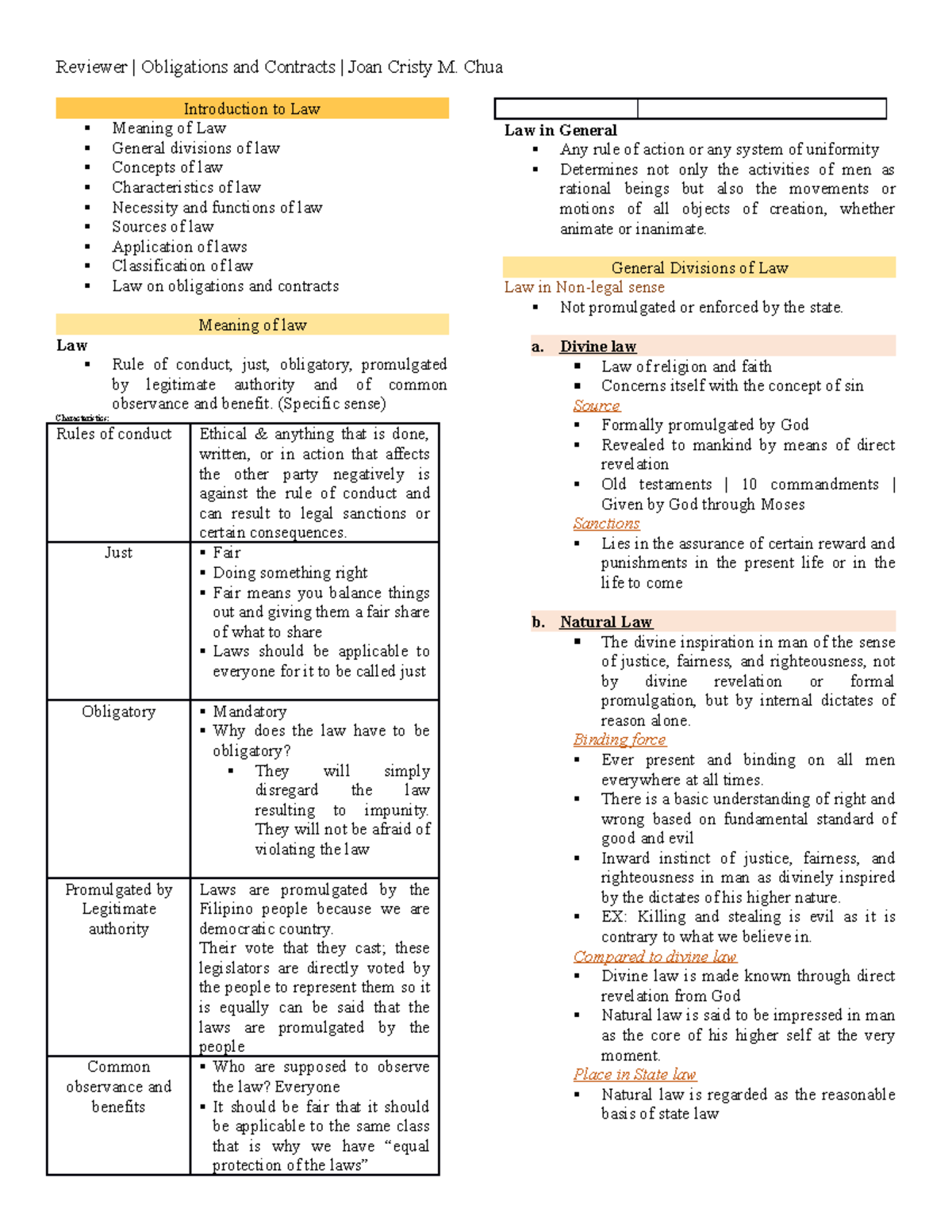 Obligations and Contracts Reviewer - Introduction to Law Meaning of Law General divisions of law ...