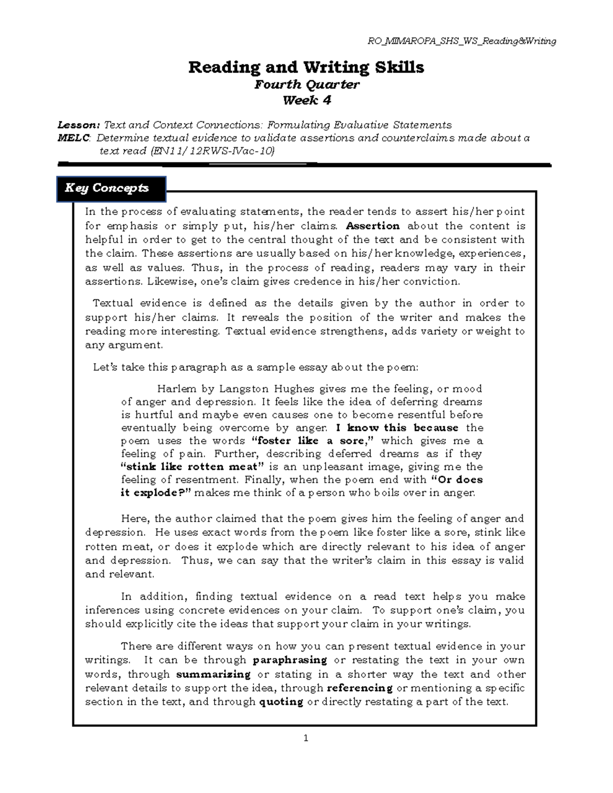 Senior High School - Reading and Writing - Week 4: Evaluating Texts ...