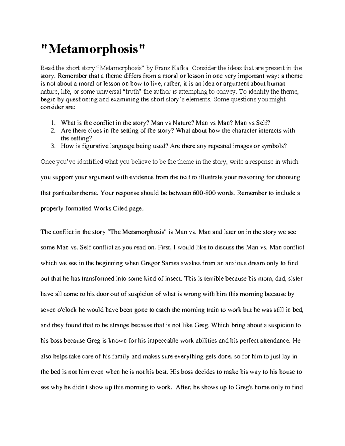 Metamorphosis - "Metamorphosis" Read the short story “Metamorphosis” by ...