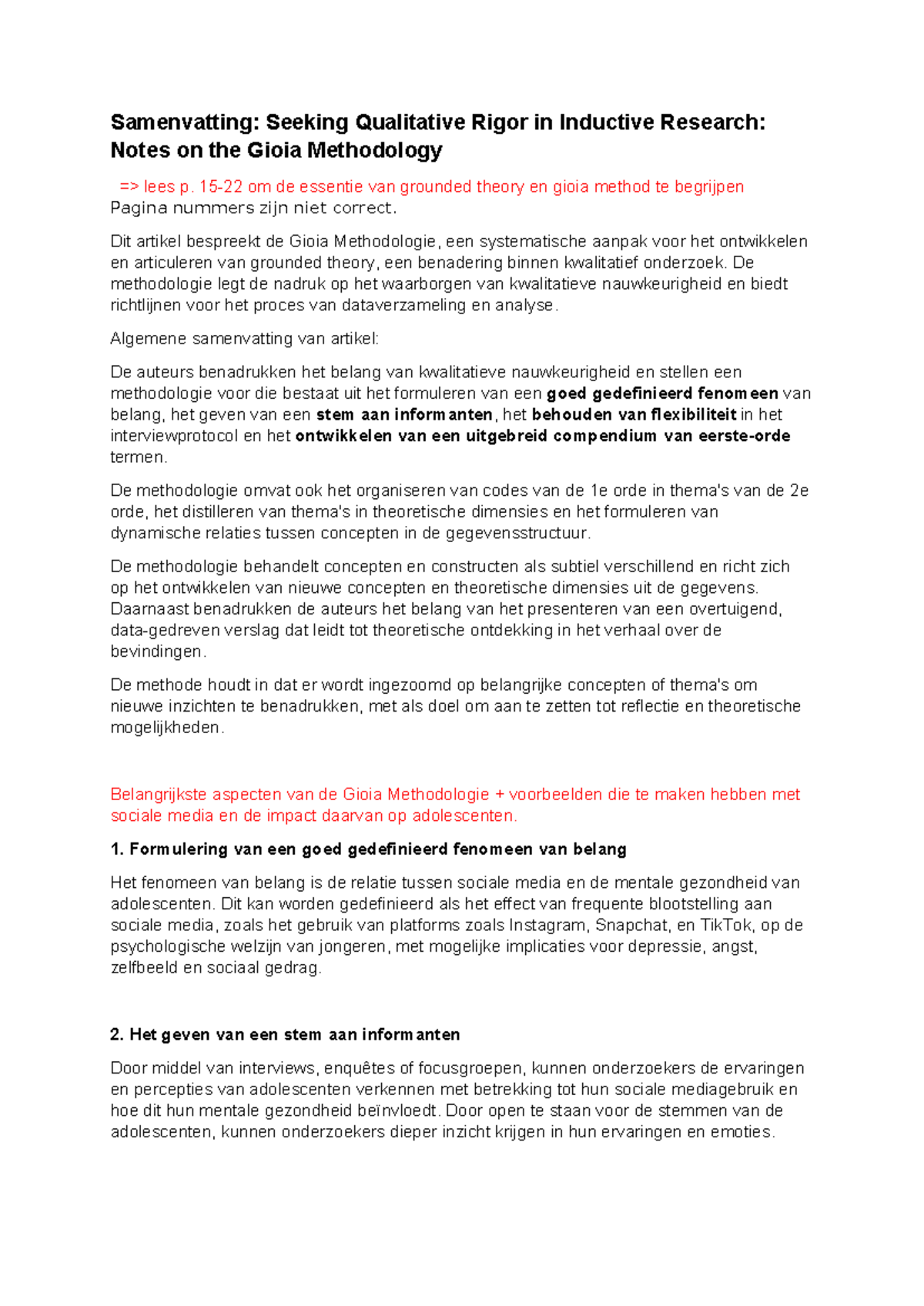 Samenvatting van Grounded Theory & Gioia Methode in Kwalitatief ...
