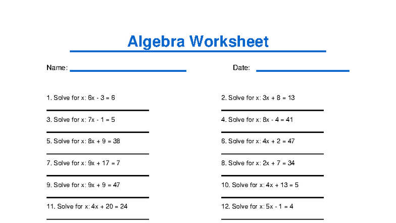 Algebra Worksheet 7: Solve for x Problems and Answers - Studocu