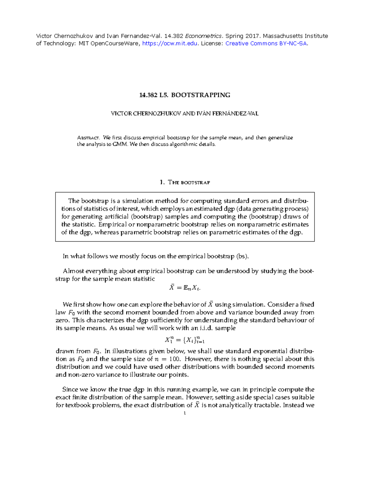MIT 14.382 Econometrics: Lecture 5 - Bootstrapping Techniques - Studocu