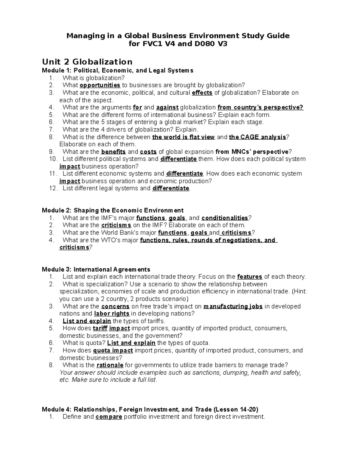 D080 V3-FVC1 V4 Study Guide - Managing in a Global Business Environment ...