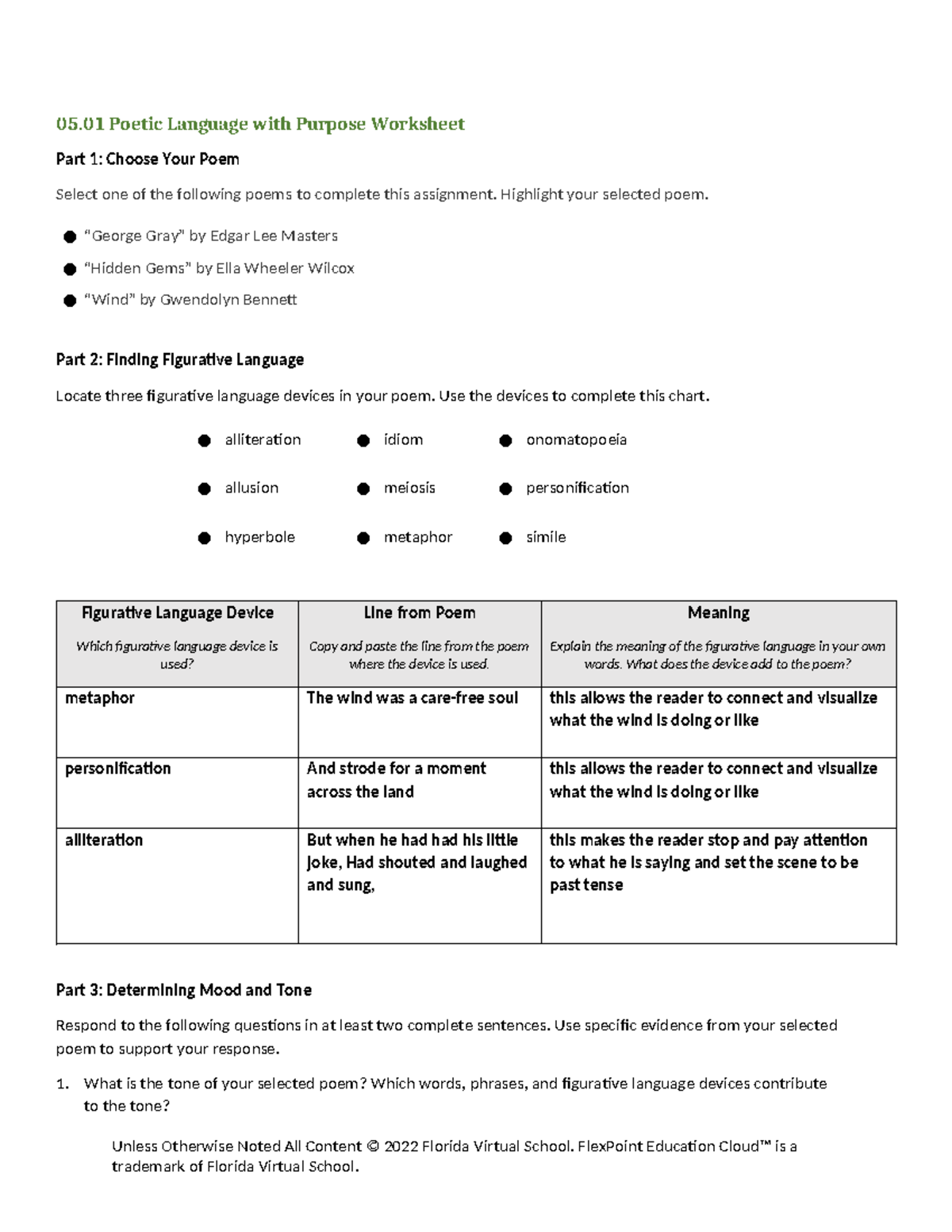 05.01 Poetic Language with Purpose Worksheet: Analyzing Figurative ...