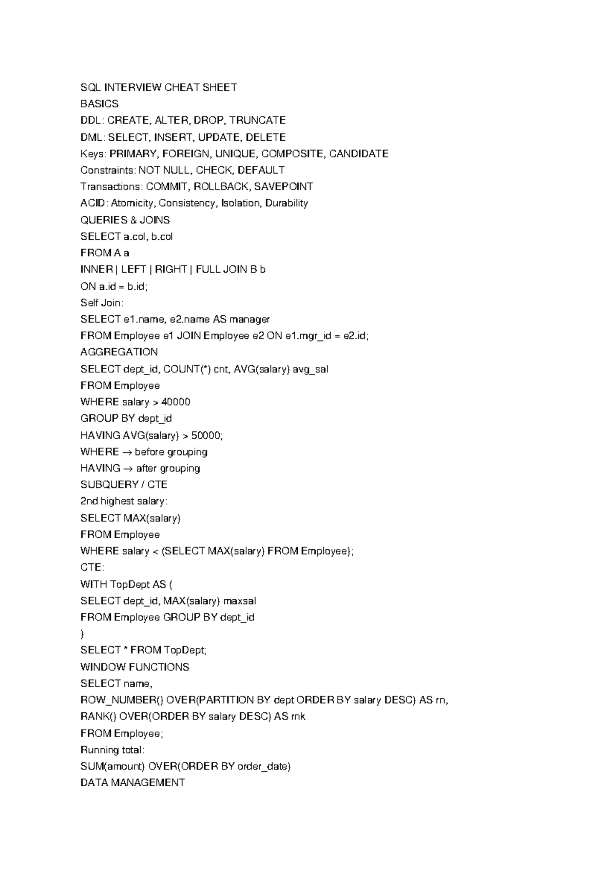 SQL Interview Cheat Sheet: DDL, DML, Keys, Constraints, Queries - Studocu