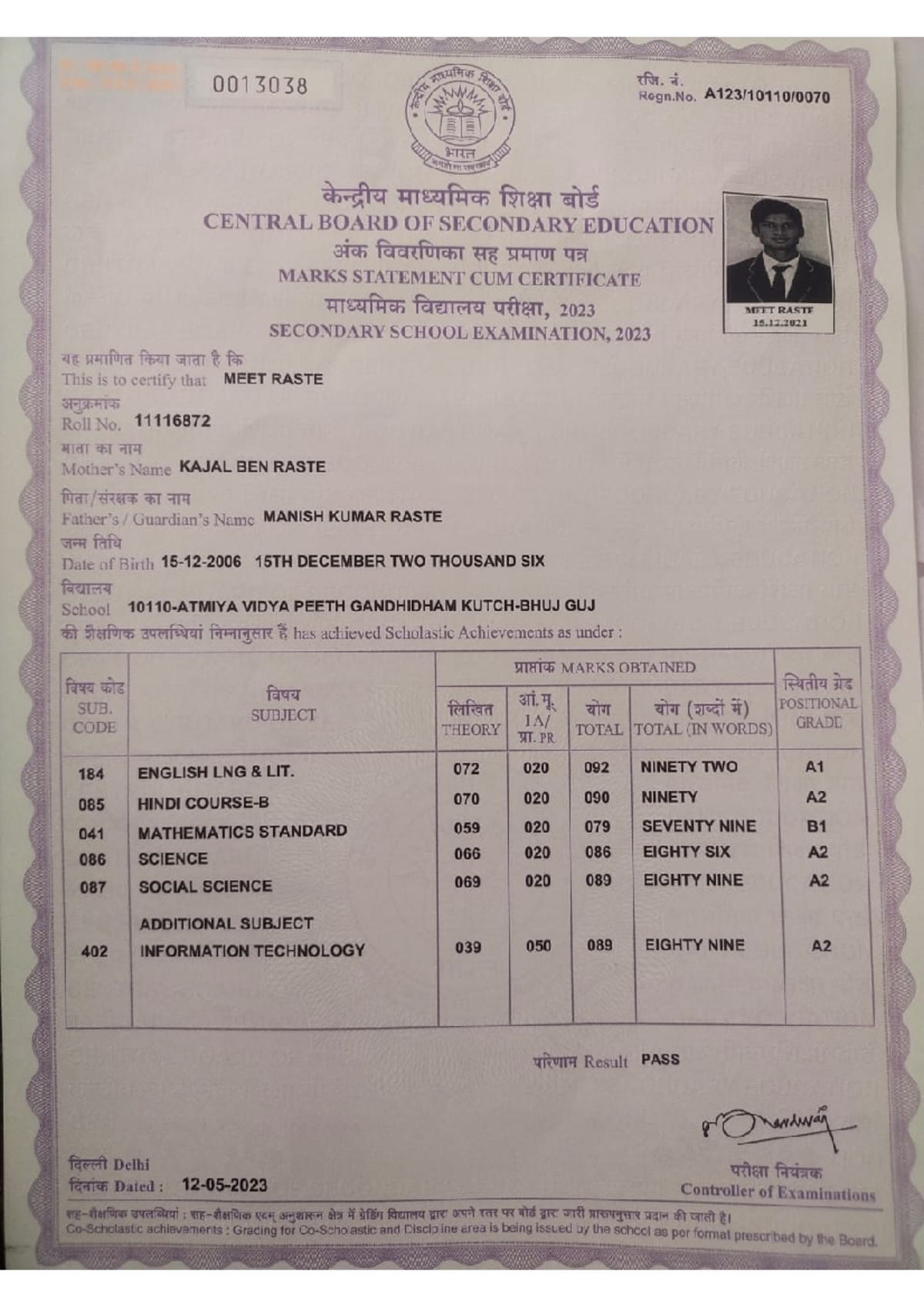 Class 10 Certificate - Marks Statement for Meet Raste (2023) - Studocu