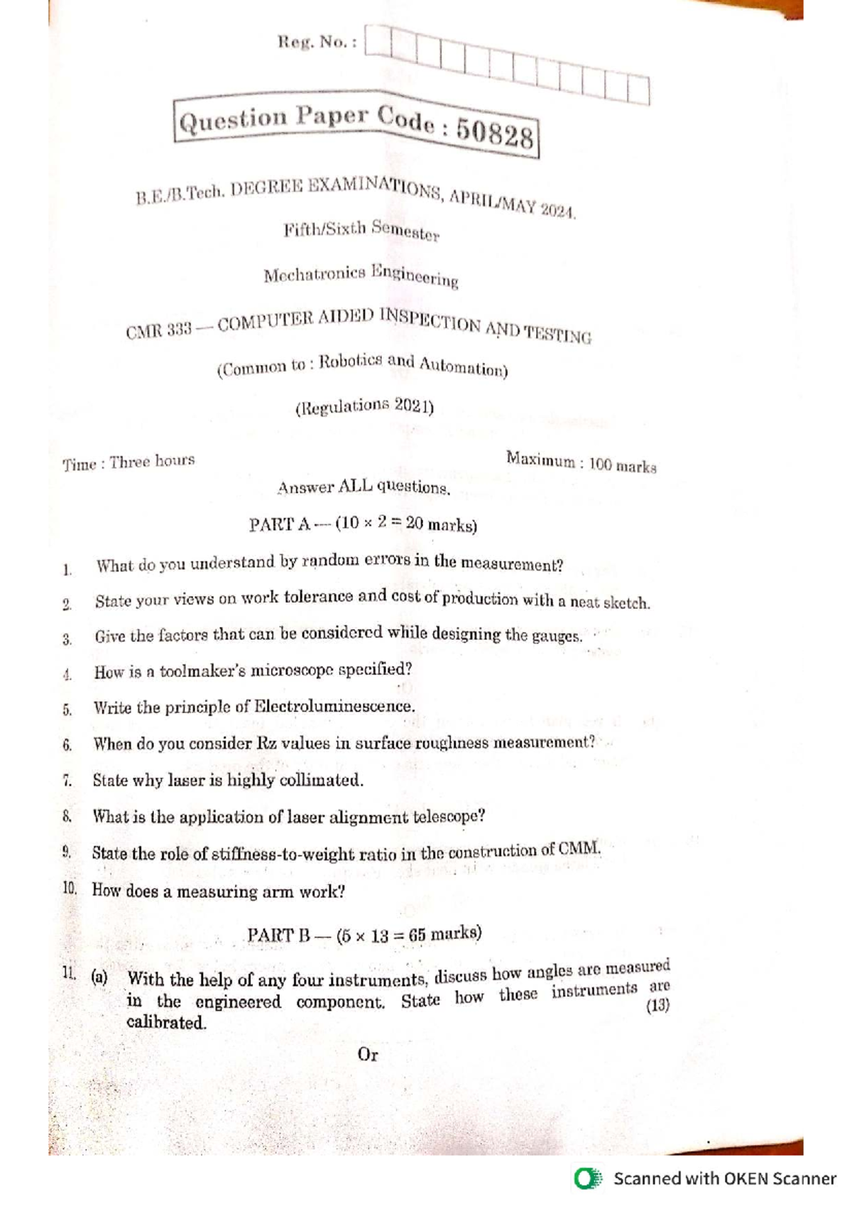 Mechatronics Engineering 50828: CAIT Exam Questions 2024 - Studocu
