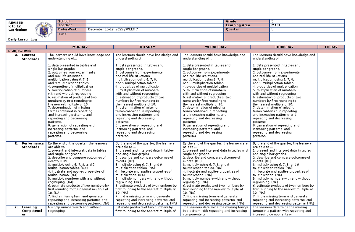 Revised Daily Lesson Log for MATH 3 - Week 7 (Dec 2025) - Studocu