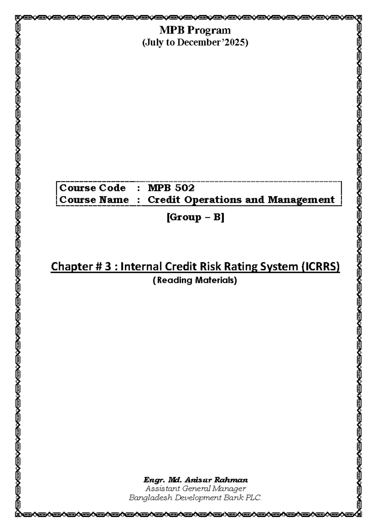 MPB 502: Chapter 3 - Internal Credit Risk Rating System (ICRRS) Notes ...