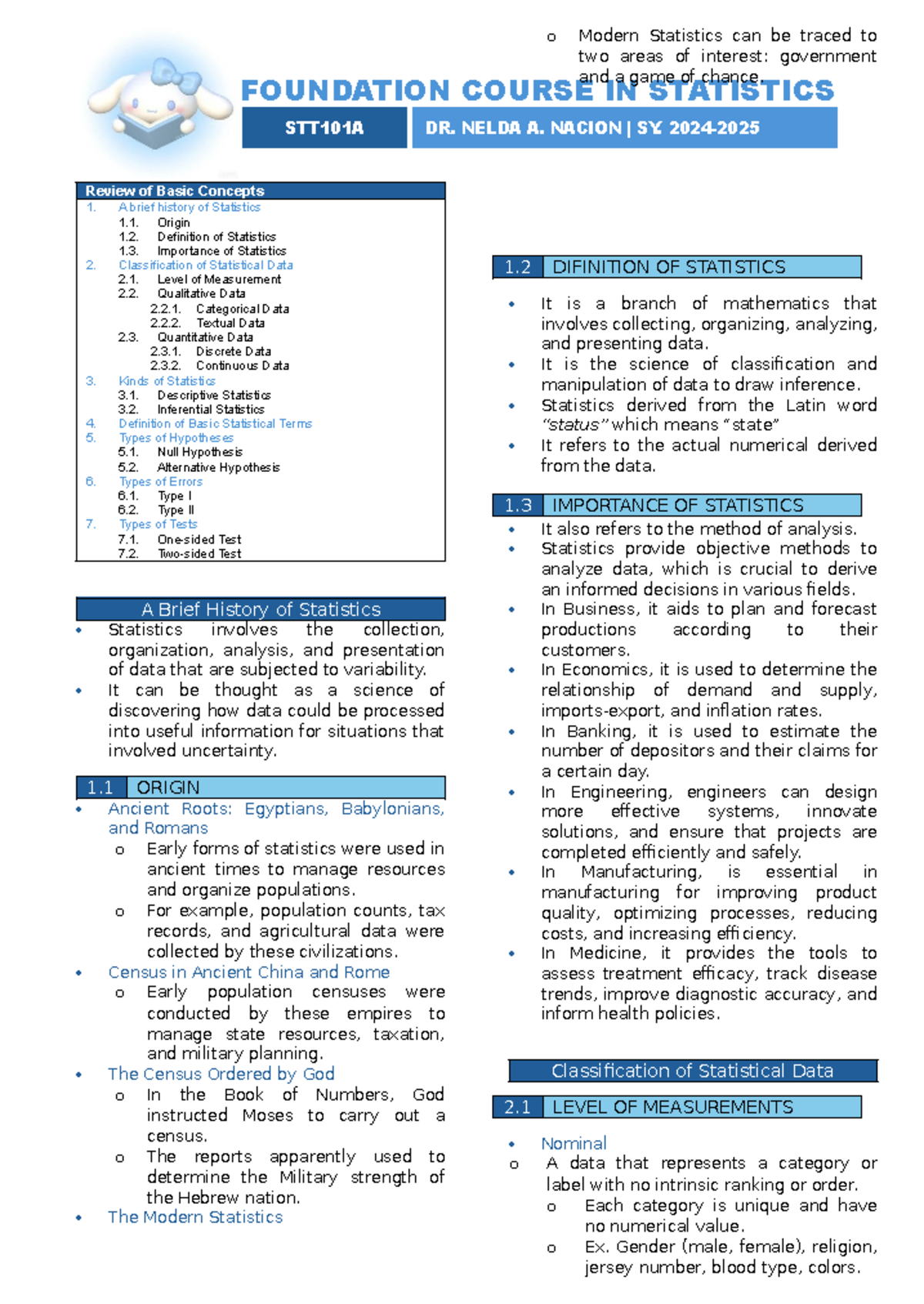 FOUNDATION COURSE IN STATISTICS STT101A: Review of Basic Concepts and ...