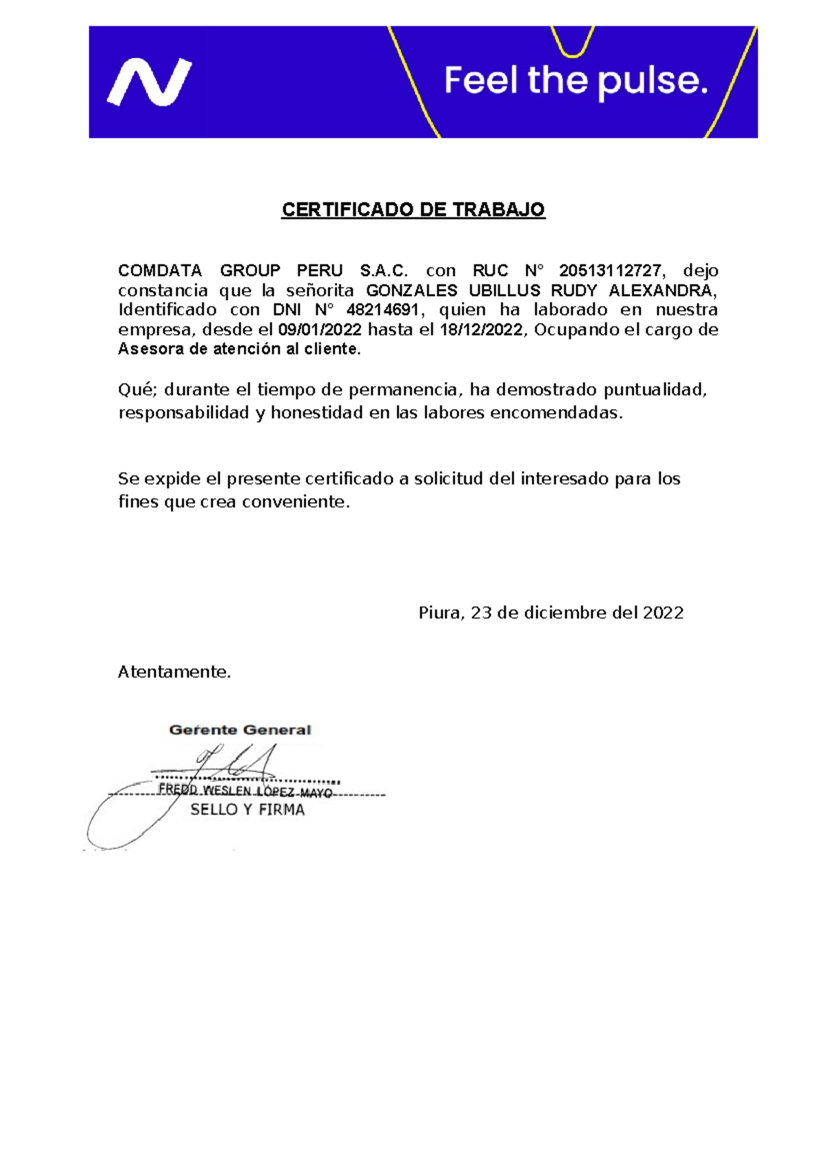 Certificado Trabajo RUDY - CERTIFICADO DE TRABAJO COMDATA GROUP PERU S.A. con RUC N° 20513112727 ...