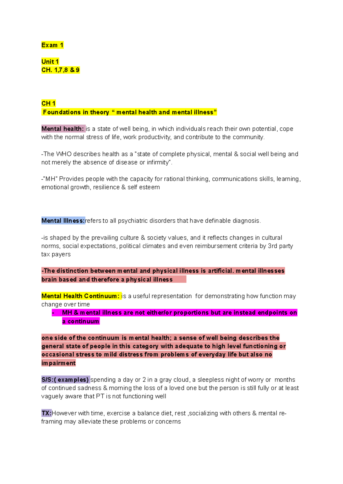 Mental EXAM 1 - None - Exam 1 Unit 1 CH. 1,7,8 & 9 CH 1 Foundations in ...