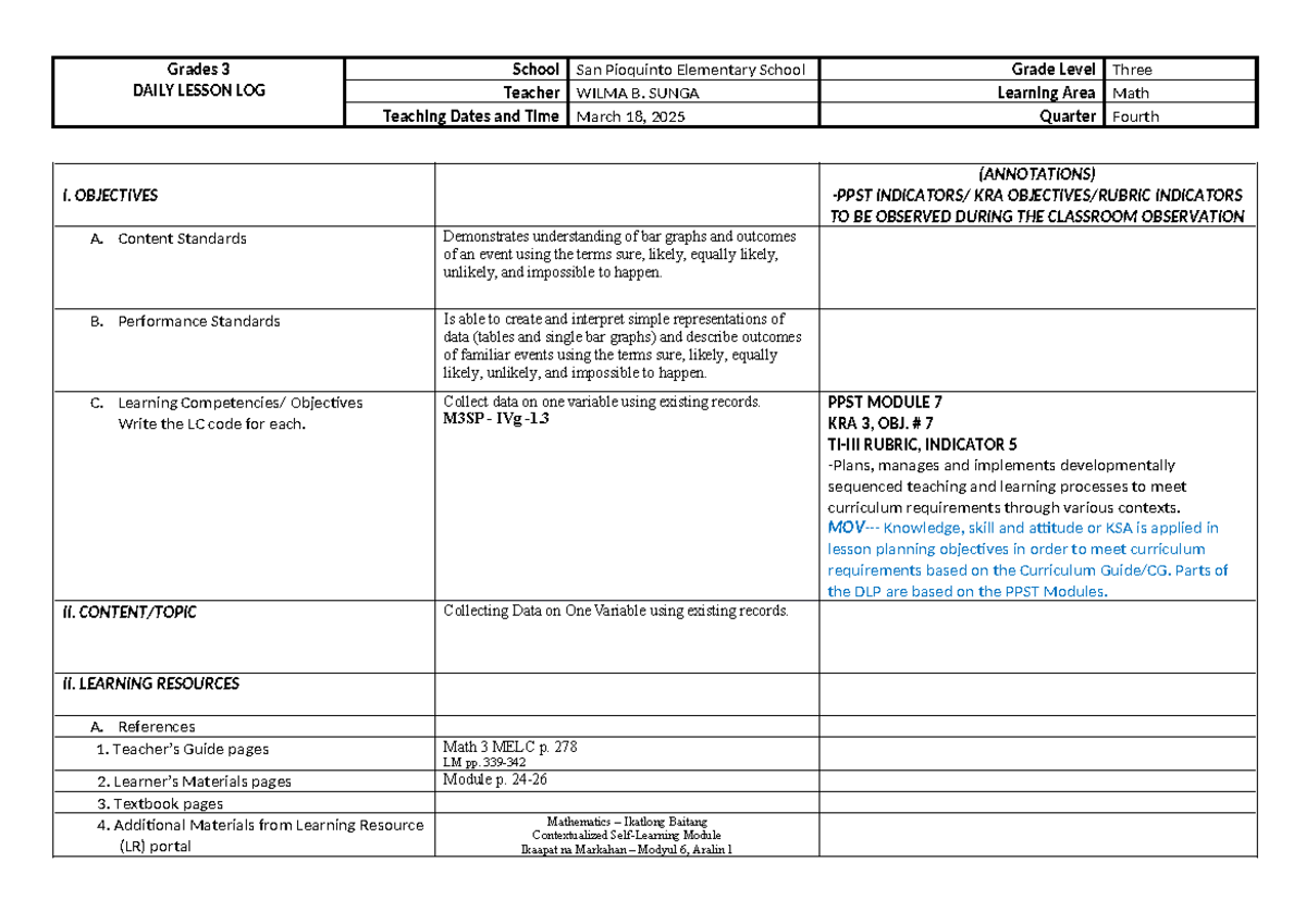 Math 3 Daily Lesson Log: Collecting Data on One Variable (4th Qtr ...