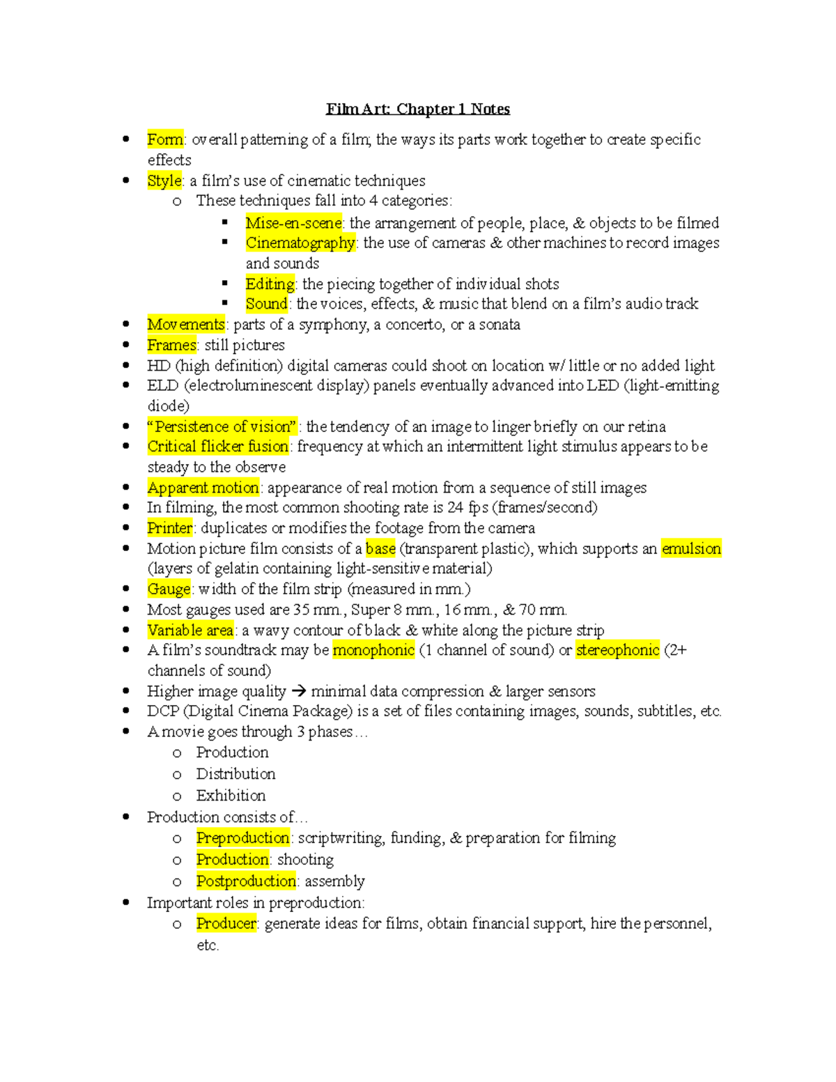 Film Art Ch. 1 Notes - Overview of Techniques and Production Elements ...