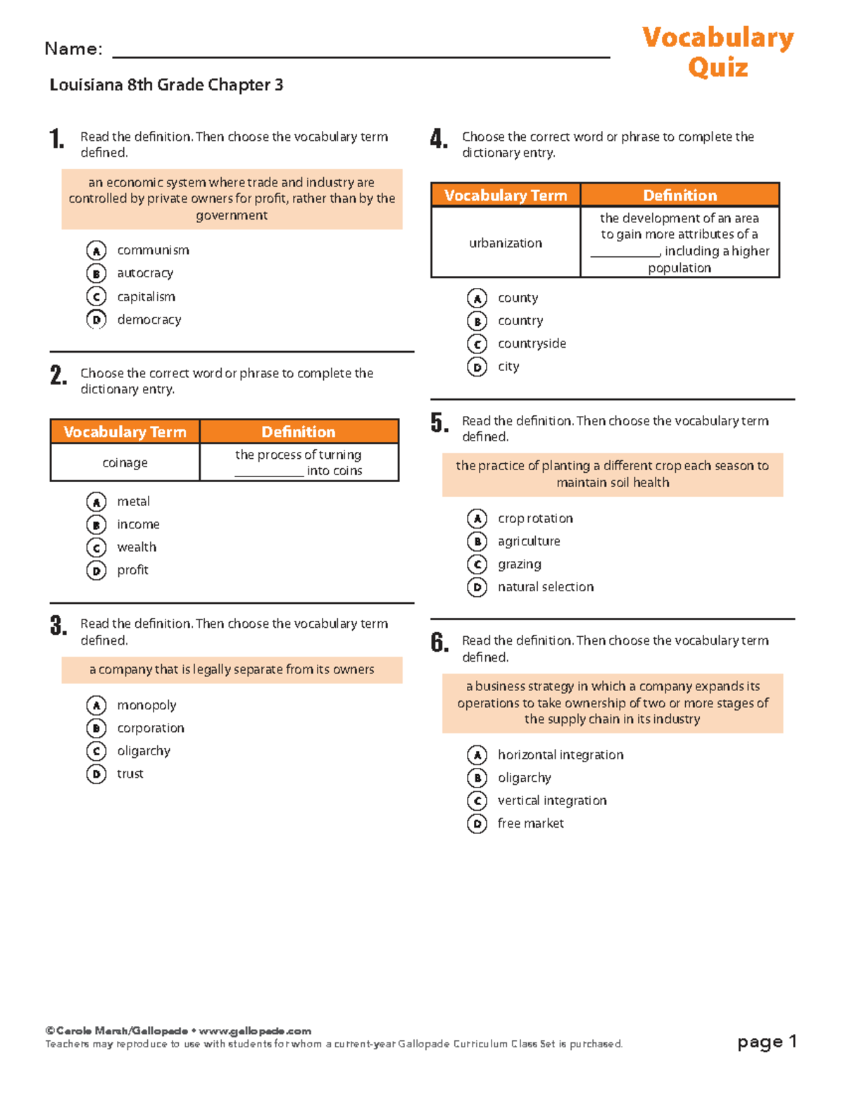 Louisiana 8th Grade Chapter 3 Vocabulary Quiz and Answers - Studocu