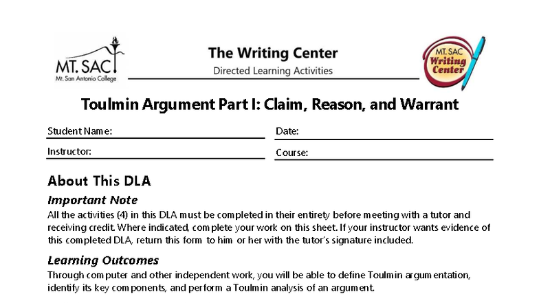 Toulmin Argument DLA Part I: Claim, Reason, and Warrant Analysis - Studocu