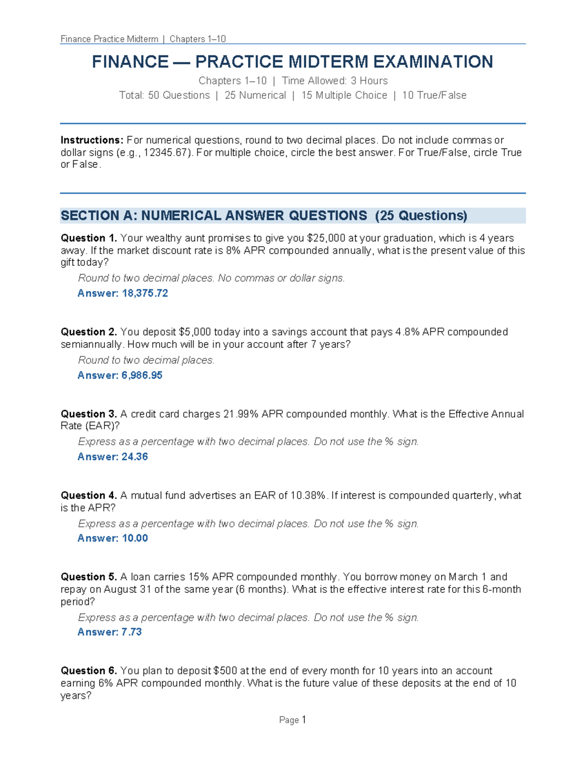 Finance Practice Midterm Exam Review: Key Concepts & Questions - Studocu